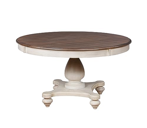 Roundhill Furniture Arch Solid Wood Dining Set: Round Table, Four Chairs, Distressed White and Dark Oak