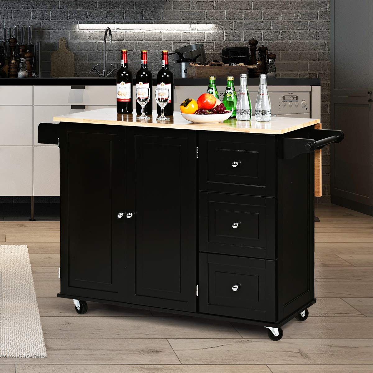 Giantex Kitchen Island Cart with Drop-Leaf Tabletop, Large Trolley Cart with Large Cabinet, 3 Drawers, Towel Rack, Kitchen and Dining Room Utensils Organizer on Wheels