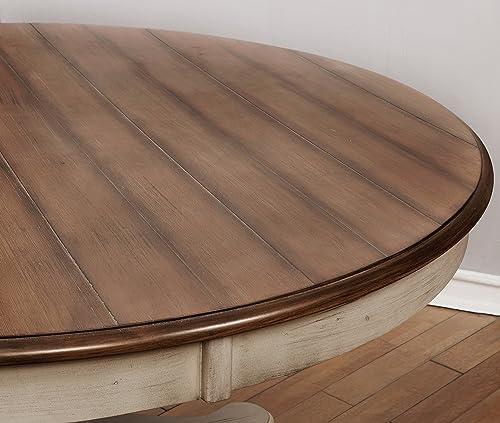 Roundhill Furniture Arch Solid Wood Dining Set: Round Table, Four Chairs, Distressed White and Dark Oak