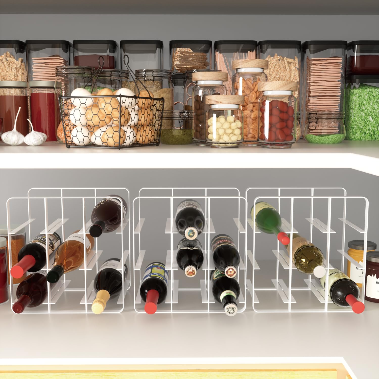 Buruis 9 Bottles Metal Wine Rack, Free-Standing Cabinet Water Bottle and Wine Rack Storage Organizer for Kitchen Countertop, Pantry, Fridge, Space Saver Protector for Red and White Wines Bottle