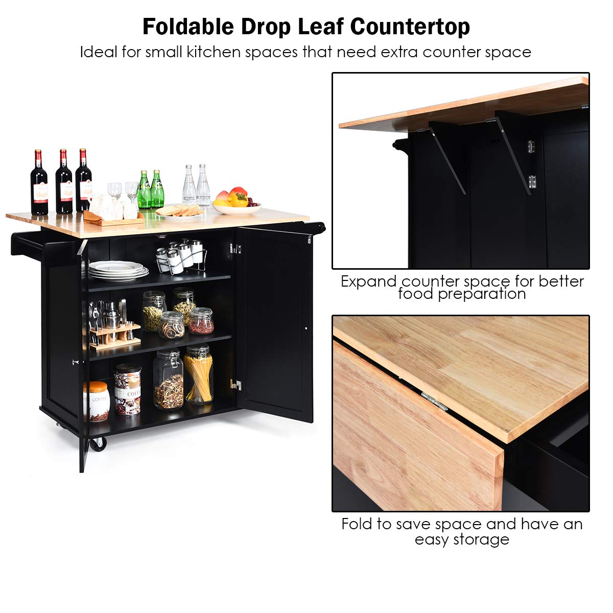 Giantex Kitchen Island Cart with Drop-Leaf Tabletop, Large Trolley Cart with Large Cabinet, 3 Drawers, Towel Rack, Kitchen and Dining Room Utensils Organizer on Wheels