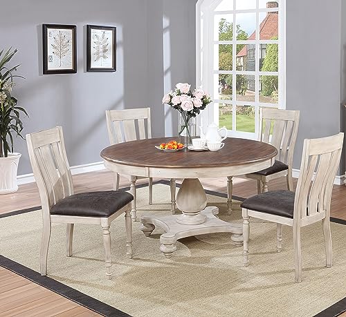 Roundhill Furniture Arch Solid Wood Dining Set: Round Table, Four Chairs, Distressed White and Dark Oak