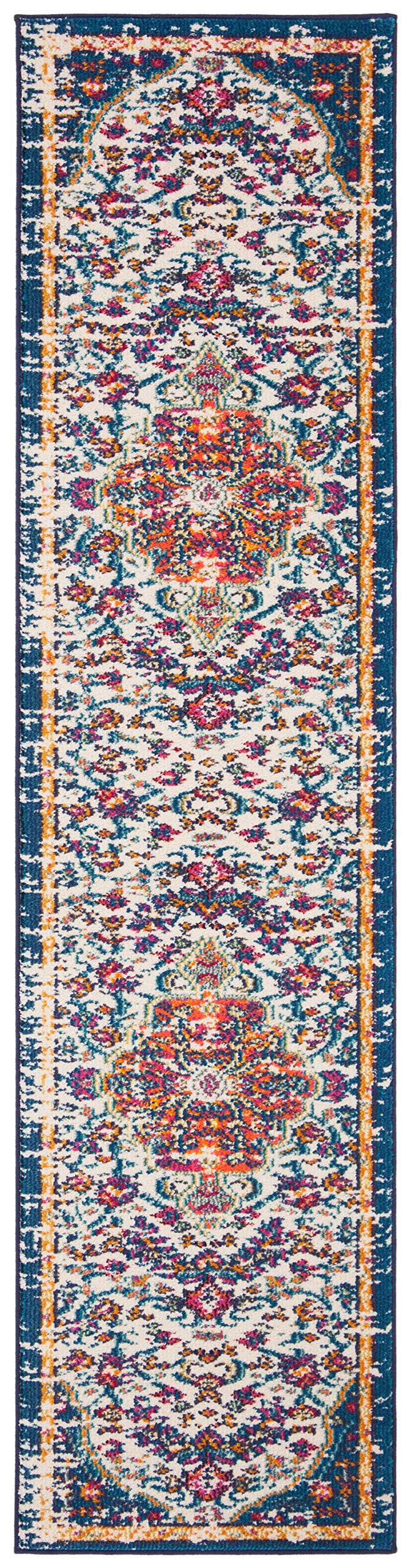 SAFAVIEH Madison Collection Runner Rug - 2'2" x 12', Ivory & Orange, Boho Chic Medallion Distressed Design, Non-Shedding & Easy Care, Ideal for High Traffic Areas in Living Room, Bedroom (MAD447A)