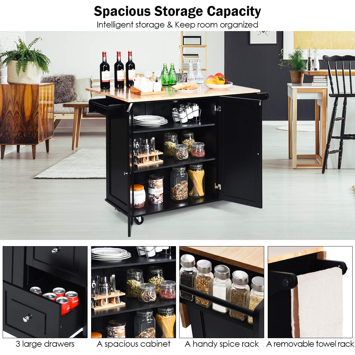 Giantex Kitchen Island Cart with Drop-Leaf Tabletop, Large Trolley Cart with Large Cabinet, 3 Drawers, Towel Rack, Kitchen and Dining Room Utensils Organizer on Wheels