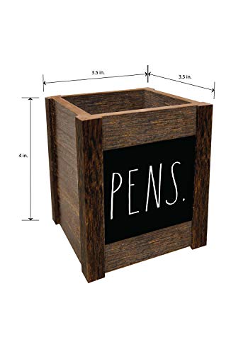 Rae Dunn Pencil Cup - Wooden Pen Holder and Desktop Organizer - Small Rustic Wood Desk Top Caddy for Office Accessories and Supplies - Organization for Home, School, Classroom, Work (Dark Brown)