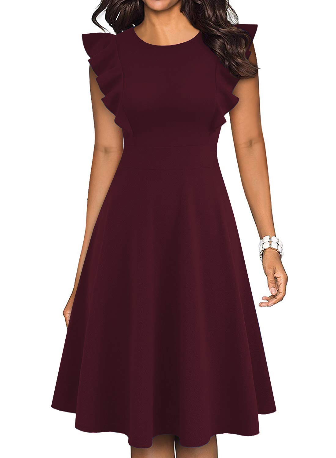IHOT Wedding Guests Dress for Women Vintage Crew Neck Ruffle Sleeve Flared Casual Swing Church Party Date Night Bridemaid Cocktail Dresses with Pockets Wine Red Medium