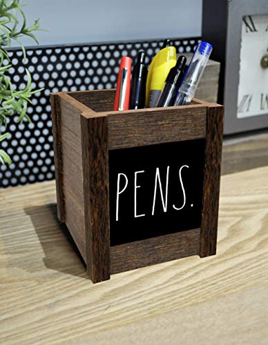 Rae Dunn Pencil Cup - Wooden Pen Holder and Desktop Organizer - Small Rustic Wood Desk Top Caddy for Office Accessories and Supplies - Organization for Home, School, Classroom, Work (Dark Brown)