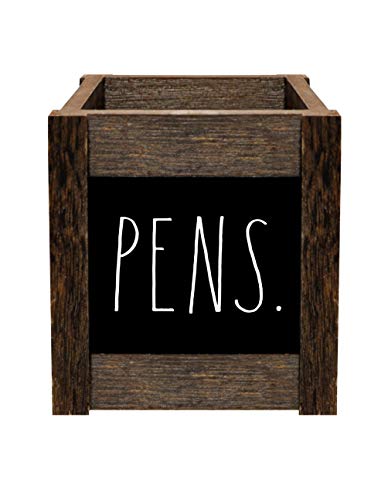 Rae Dunn Pencil Cup - Wooden Pen Holder and Desktop Organizer - Small Rustic Wood Desk Top Caddy for Office Accessories and Supplies - Organization for Home, School, Classroom, Work (Dark Brown)