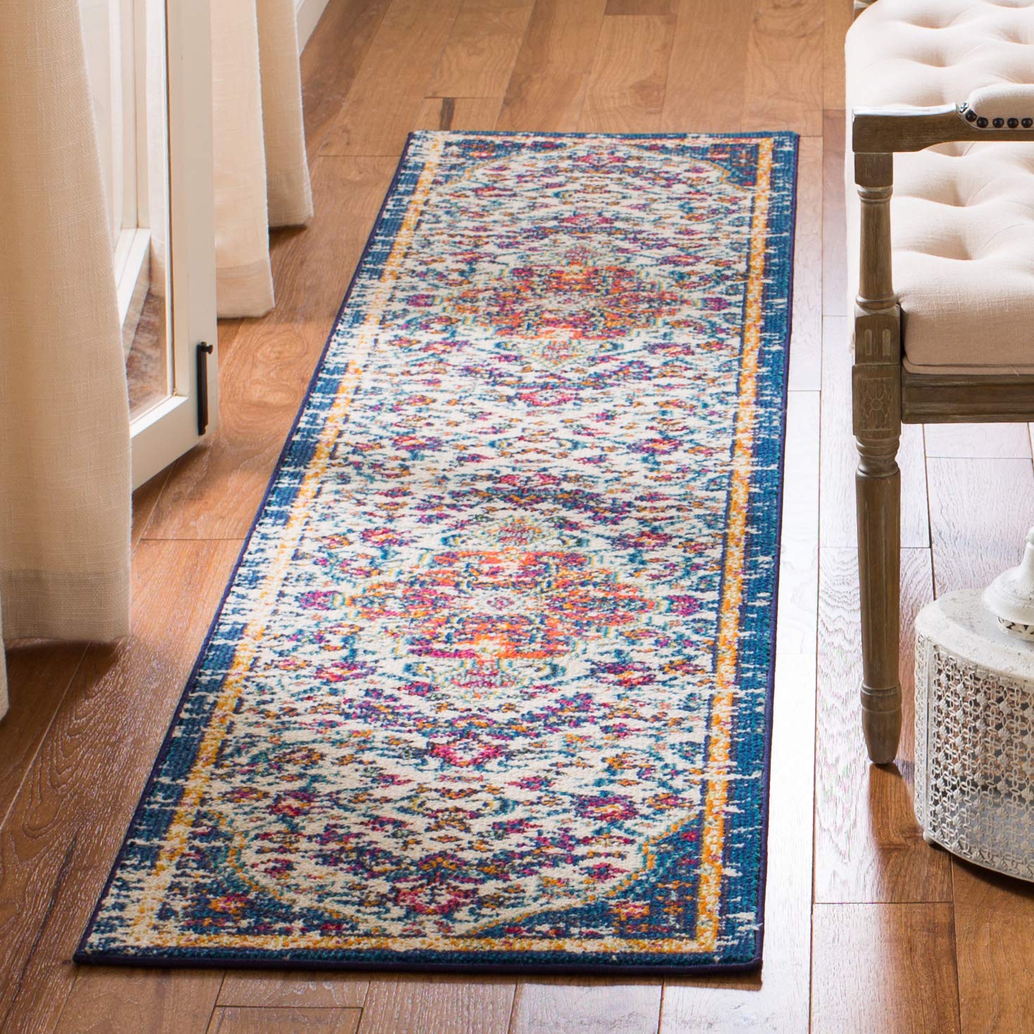 SAFAVIEH Madison Collection Runner Rug - 2'2" x 12', Ivory & Orange, Boho Chic Medallion Distressed Design, Non-Shedding & Easy Care, Ideal for High Traffic Areas in Living Room, Bedroom (MAD447A)