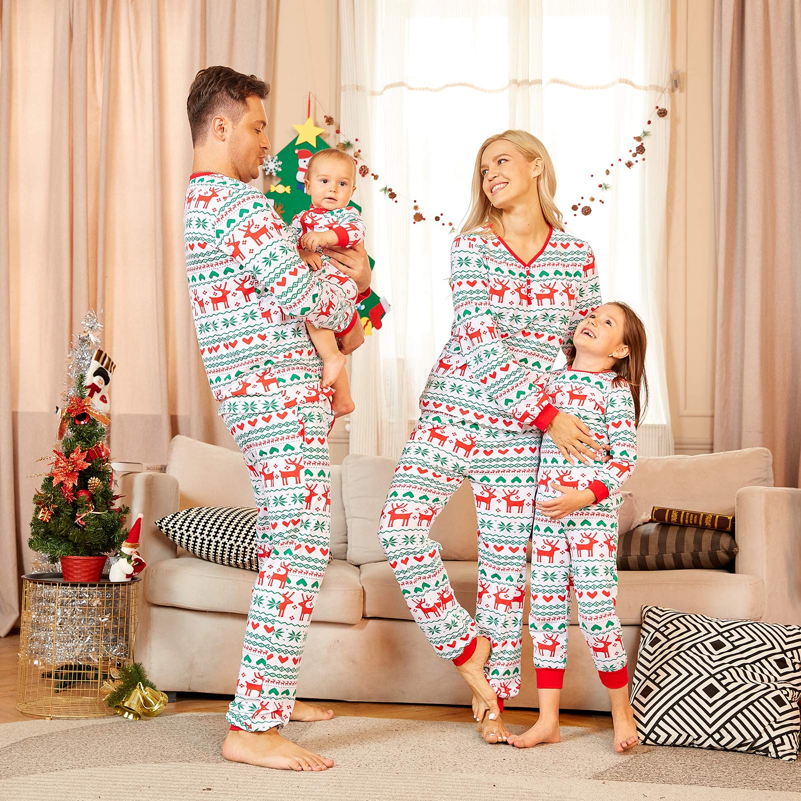 PopReal Christmas Pajamas for Family, Matching Family Christmas PJs Sets Blue Elk Tree Printed Top Sleepwear