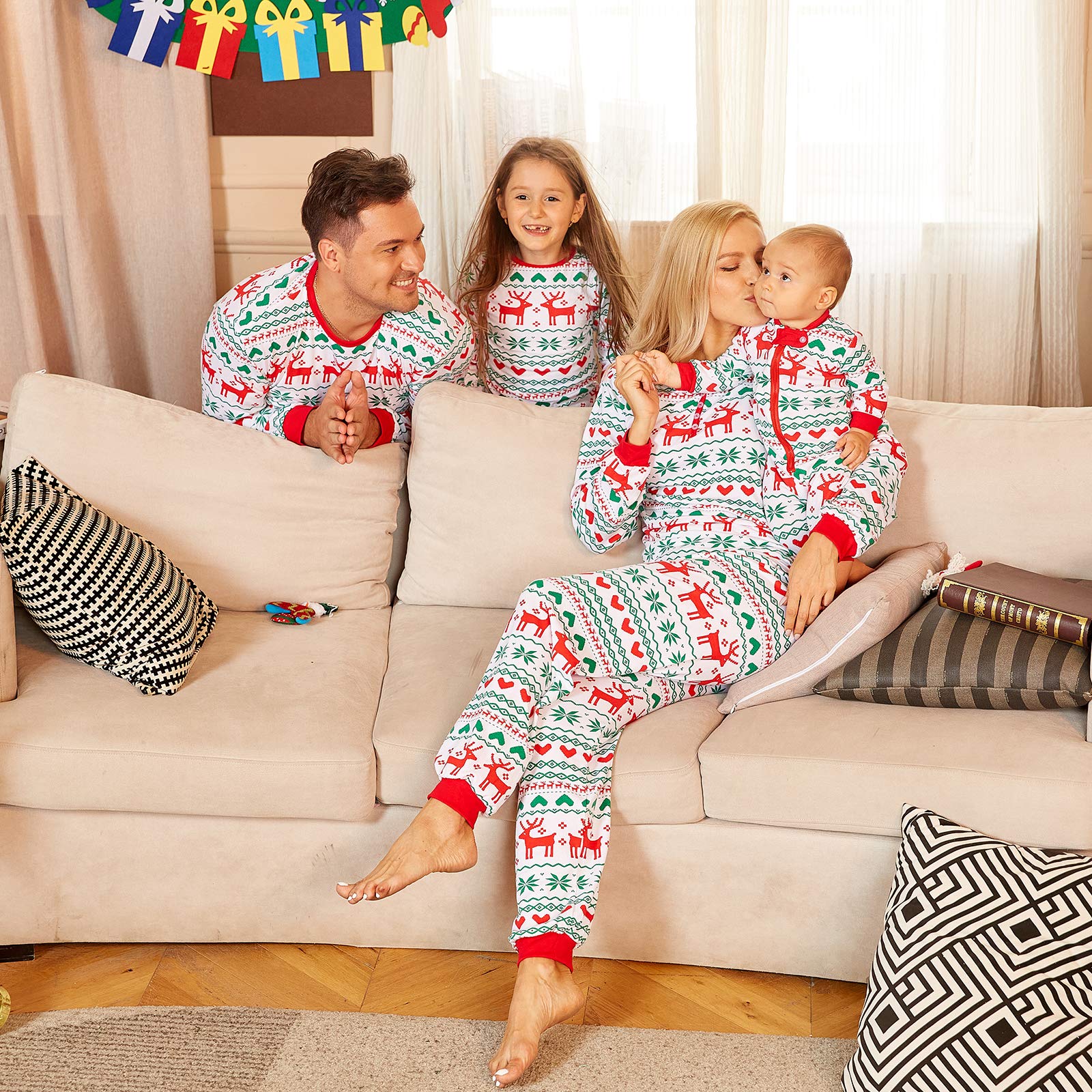 PopReal Christmas Pajamas for Family, Matching Family Christmas PJs Sets Blue Elk Tree Printed Top Sleepwear