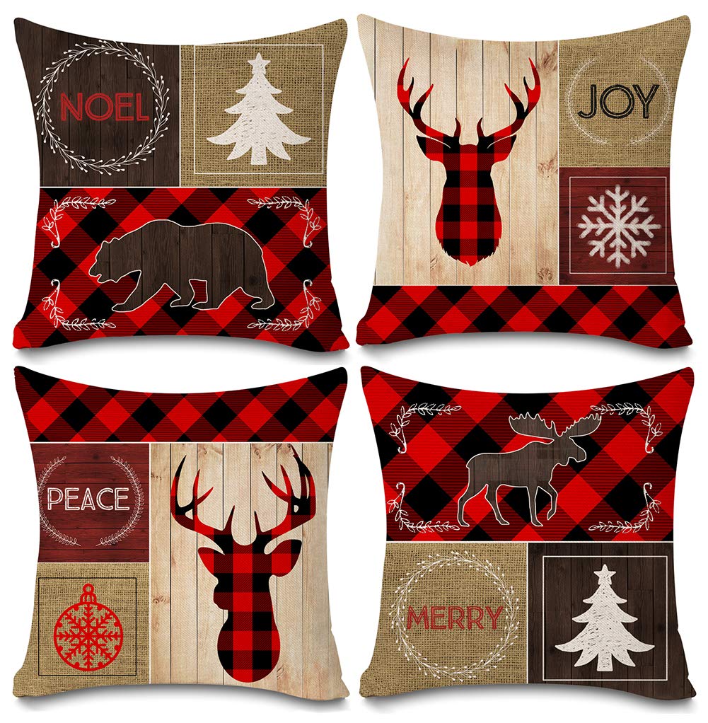 KACOPOL Red Black Buffalo Check Plaids Christmas Pillow Covers Vintage Wood Moose Deer Elk Bear Farmhouse Decorative Throw Pillow Case Cushion Cover 18" x 18" Set of 4 Merry Joy Peace