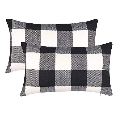 4TH Emotion Set of 2 Farmhouse Buffalo Check Plaid Throw Pillow Covers Cushion Case Polyester Linen for Fall Home Decor Black and White, 12 x 20 Inches