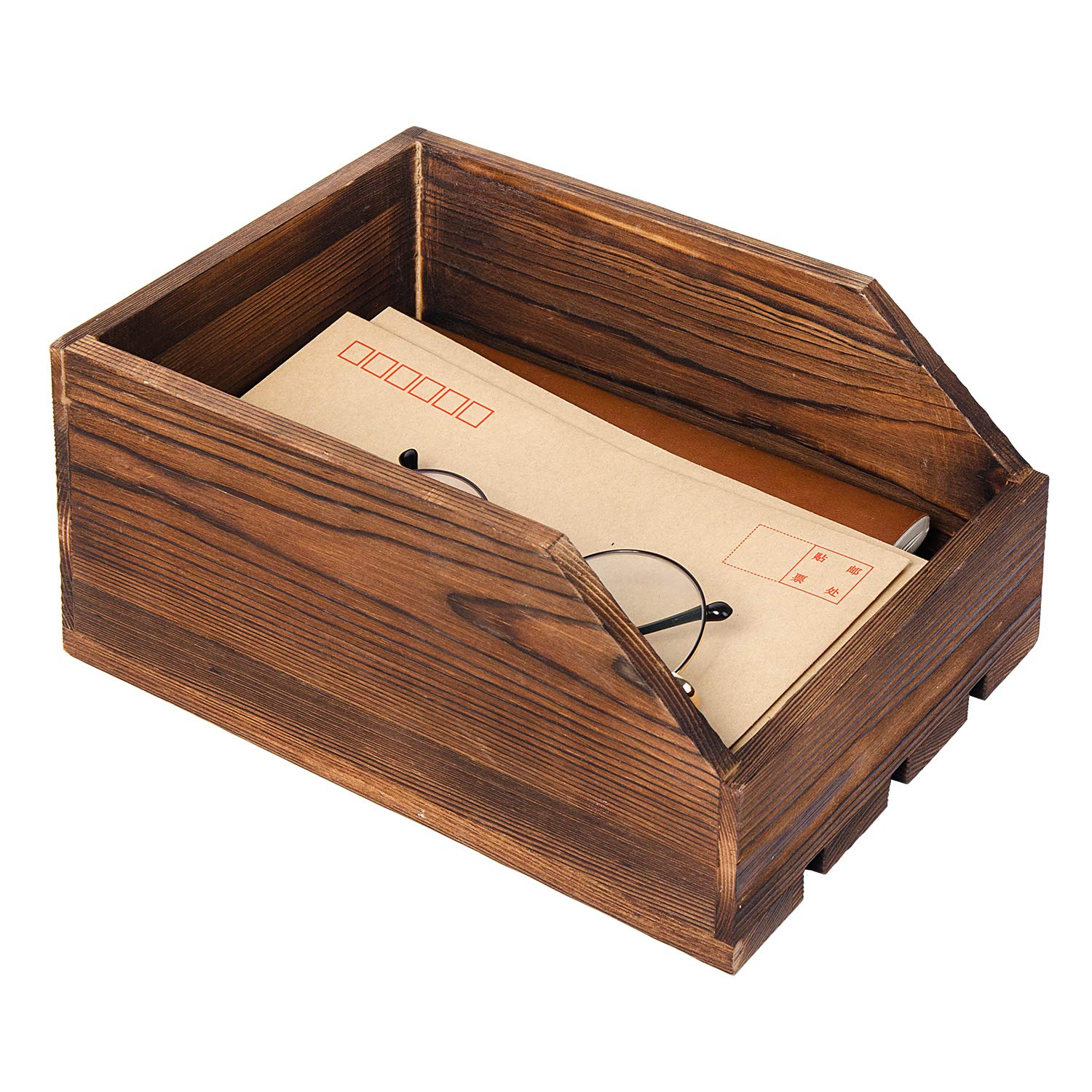 Liry Products Rustic Brown Wood Paper Nesting Tray Stackable Document Storage Crate File Organizer Tabletop Wooden Box Basket Letter Holder Folder Rack Container Desktop Home Office Supplies