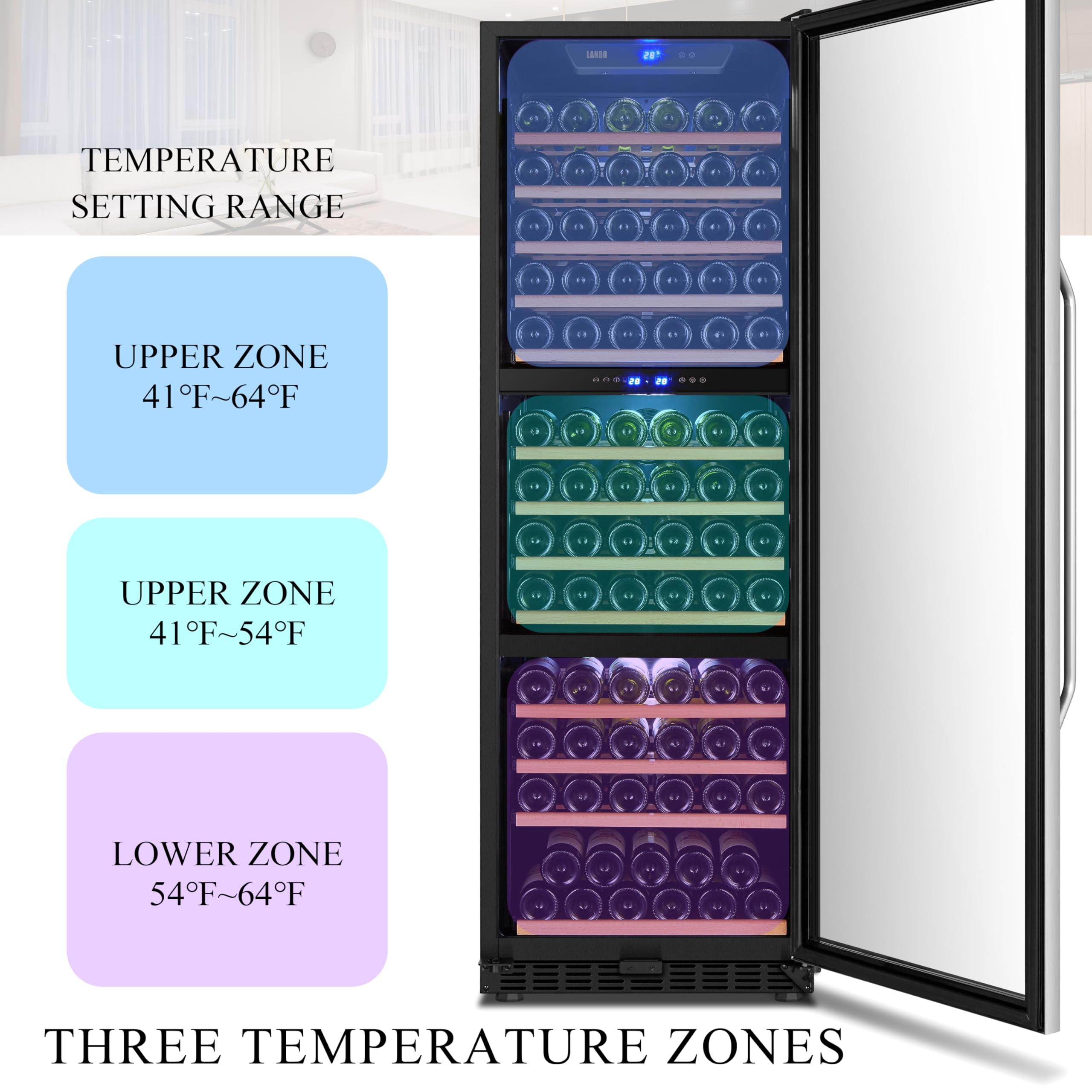 Lanbo Triple Zones Compressor Built-in Wine Cooler with Safety Lock, 149 Bottles