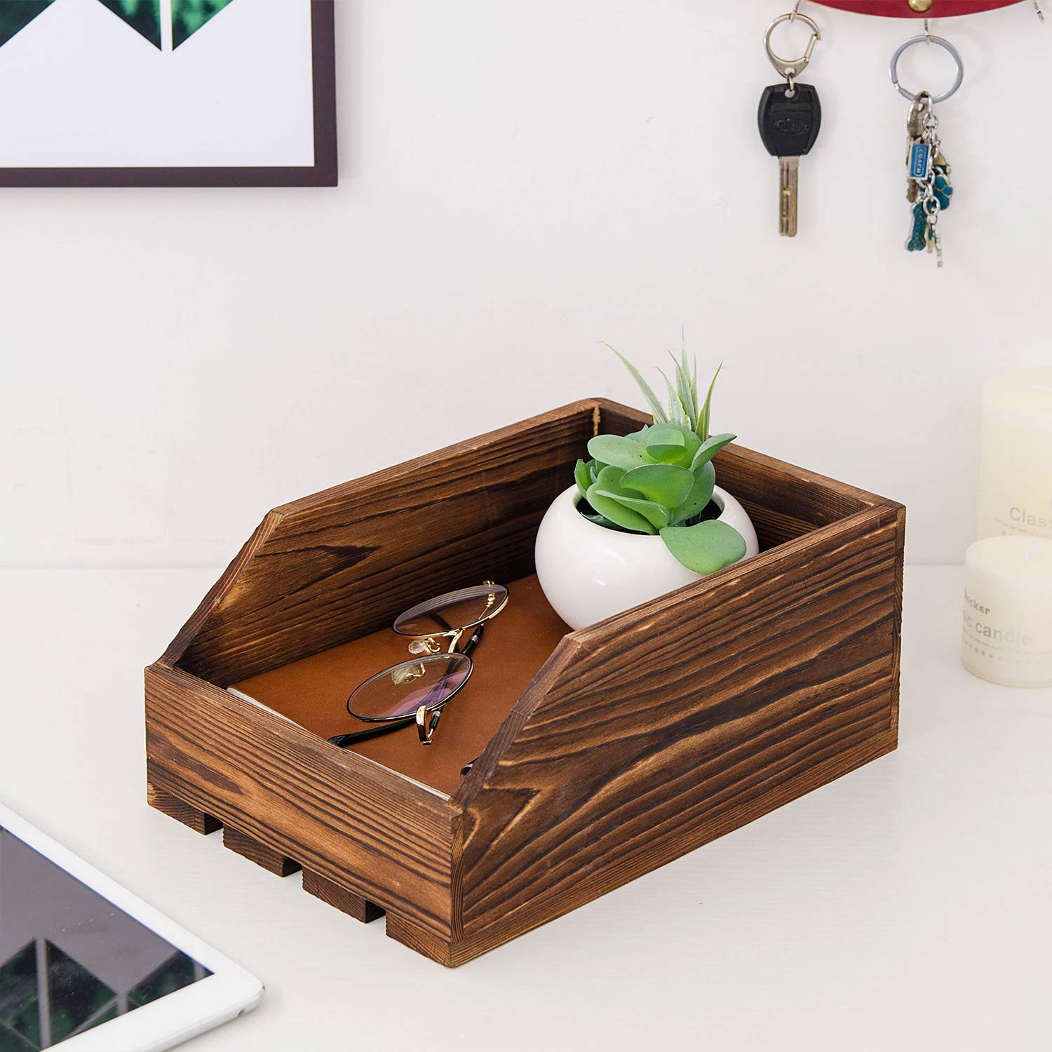 Liry Products Rustic Brown Wood Paper Nesting Tray Stackable Document Storage Crate File Organizer Tabletop Wooden Box Basket Letter Holder Folder Rack Container Desktop Home Office Supplies