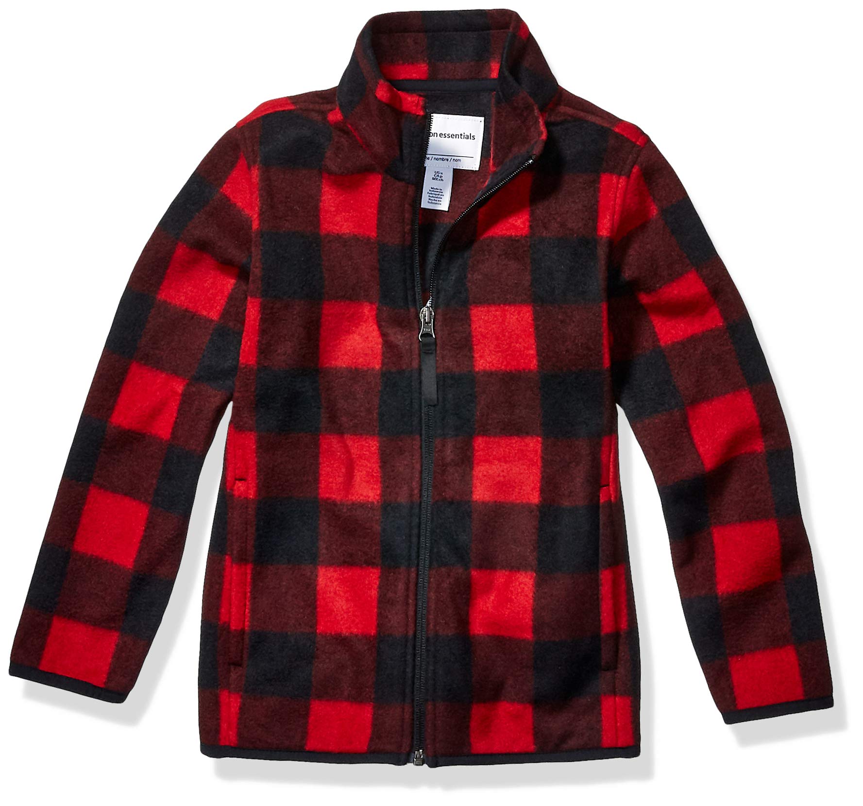 Amazon Essentials Toddler Boys' Polar Fleece Full-Zip Mock Jacket - Discontinued Colors, Black Red Buffalo Check, 2T