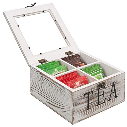 MyGift Shabby Whitewashed Solid Wood Tea Box Organizer with 4 Compartments, Teabag Storage Chest with Clear Acrylic Lid and Latch