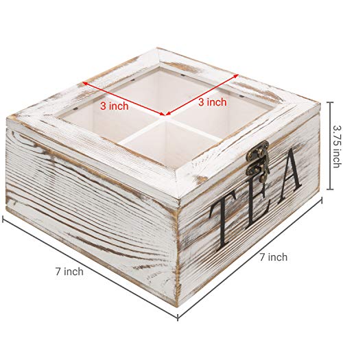 MyGift Shabby Whitewashed Solid Wood Tea Box Organizer with 4 Compartments, Teabag Storage Chest with Clear Acrylic Lid and Latch