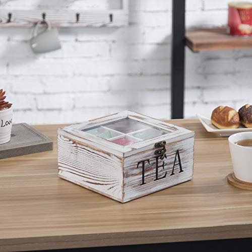 MyGift Shabby Whitewashed Solid Wood Tea Box Organizer with 4 Compartments, Teabag Storage Chest with Clear Acrylic Lid and Latch