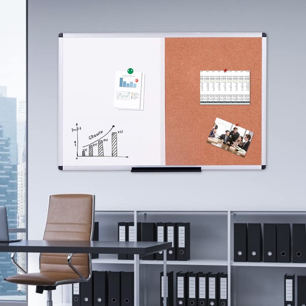 VIZ-PRO Magnetic Dry Erase Board and Cork Notice Board Combination, 36 X 24 Inches, Silver Aluminium Frame