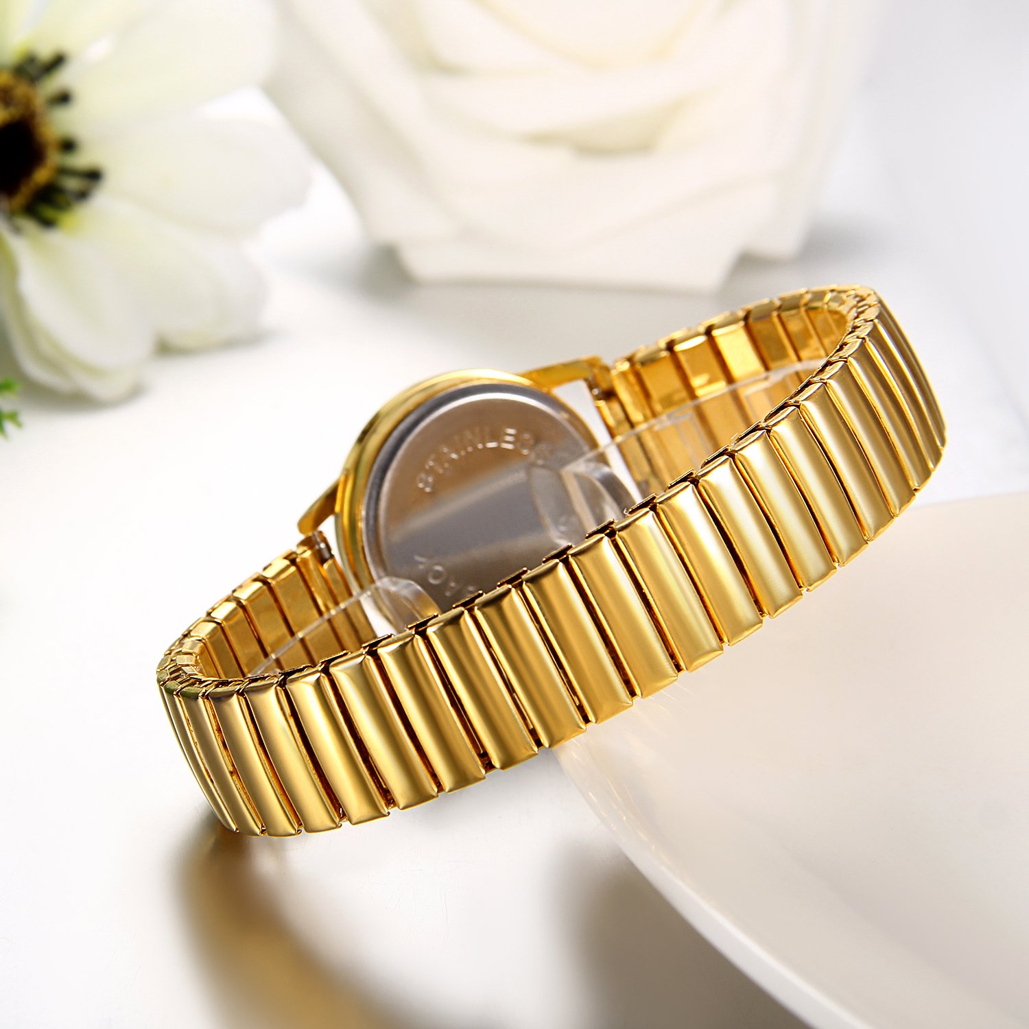 JewelryWe Women's Ultra Thin Easy Reader Watch with Elastic Strap, Golden/Silver Watch