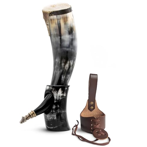 Norse Tradesman Genuine 20" Ox-Horn Viking Drinking Horn with Antique Brass Rim & Wolf Tip, Fitted Horn Stand & Burlap Gift Sack - The Fenrir, 20-Inches, Low Polish