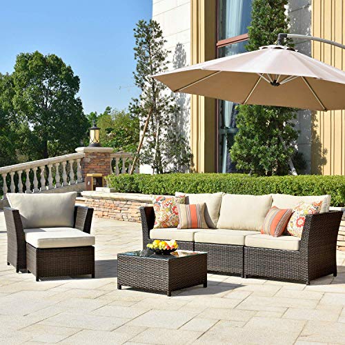 ovios Patio Furniture Set, Backyard Sofa Outdoor Furniture 6 Pcs Sets,PE Rattan Wicker sectional with 2 Pillows and Coffee Table, No Assembly Required,Brown