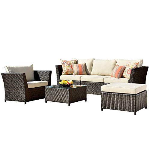 ovios Patio Furniture Set, Backyard Sofa Outdoor Furniture 6 Pcs Sets,PE Rattan Wicker sectional with 2 Pillows and Coffee Table, No Assembly Required,Brown