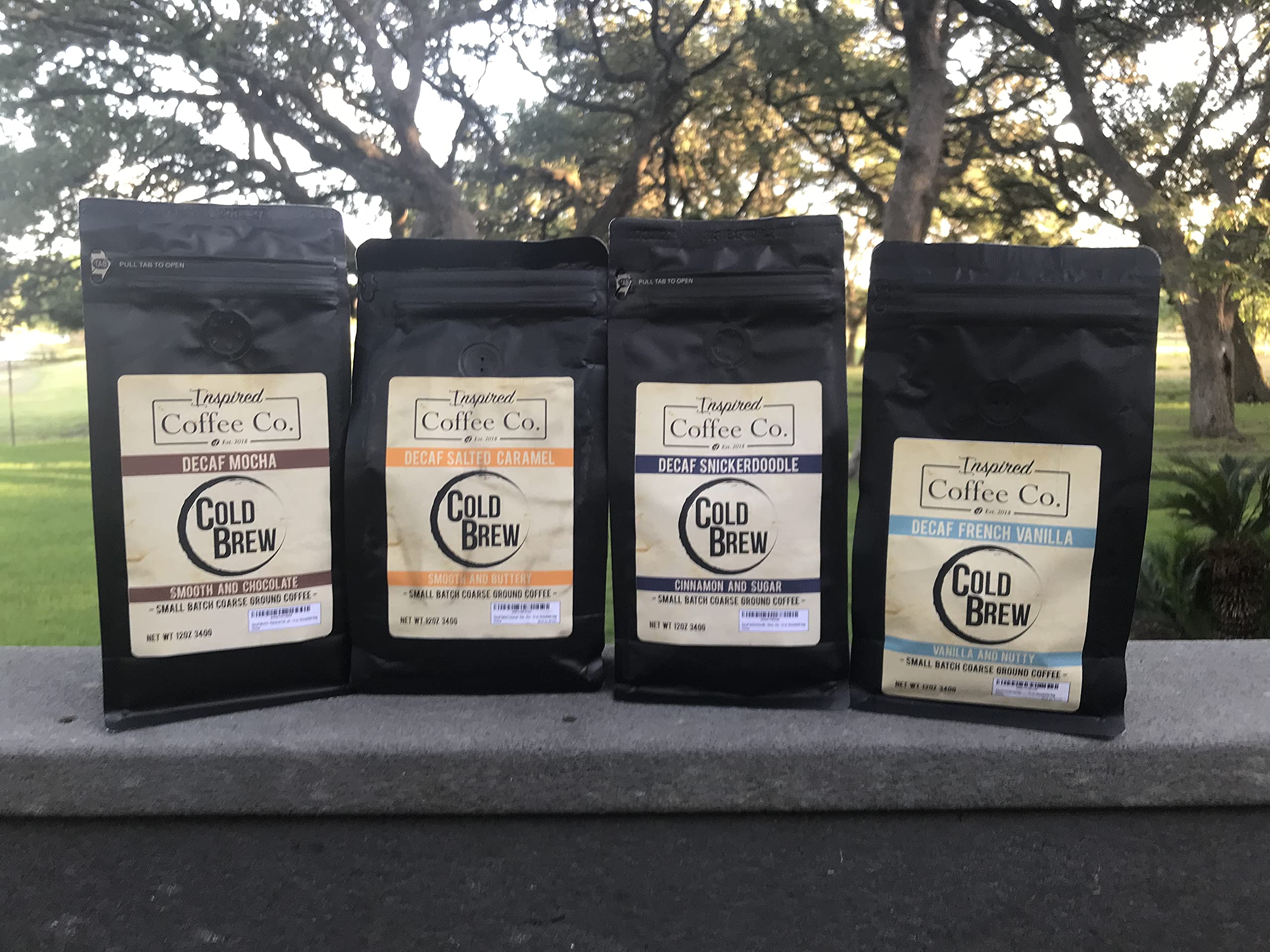 Decaf French Vanilla - Flavored Cold Brew Coffee - Inspired Coffee Co. - Swiss Water Process - Coarse Ground Coffee - 12 oz. Resealable Bag, Blue and Black
