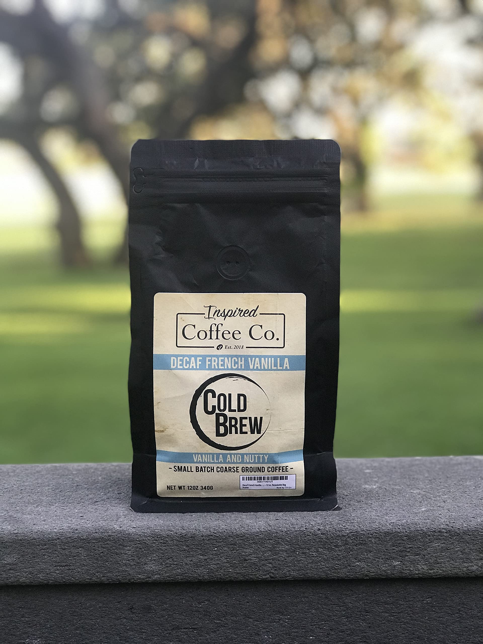 Decaf French Vanilla - Flavored Cold Brew Coffee - Inspired Coffee Co. - Swiss Water Process - Coarse Ground Coffee - 12 oz. Resealable Bag, Blue and Black