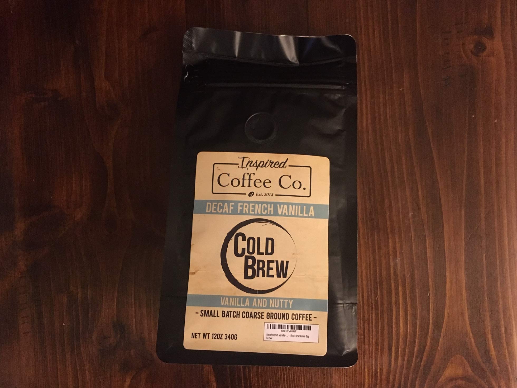 Decaf French Vanilla - Flavored Cold Brew Coffee - Inspired Coffee Co. - Swiss Water Process - Coarse Ground Coffee - 12 oz. Resealable Bag, Blue and Black