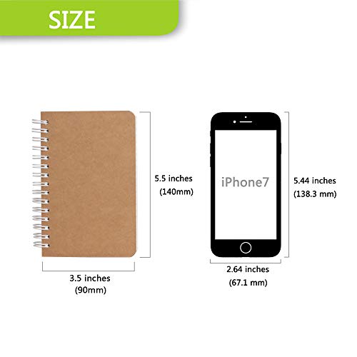 TWONE Kraft Cover Lay Flat Spiral Notebooks - Two Pack - 3.5" x 5.5" - 180 Ruled Pages - 90 Sheets - Easy to Carry