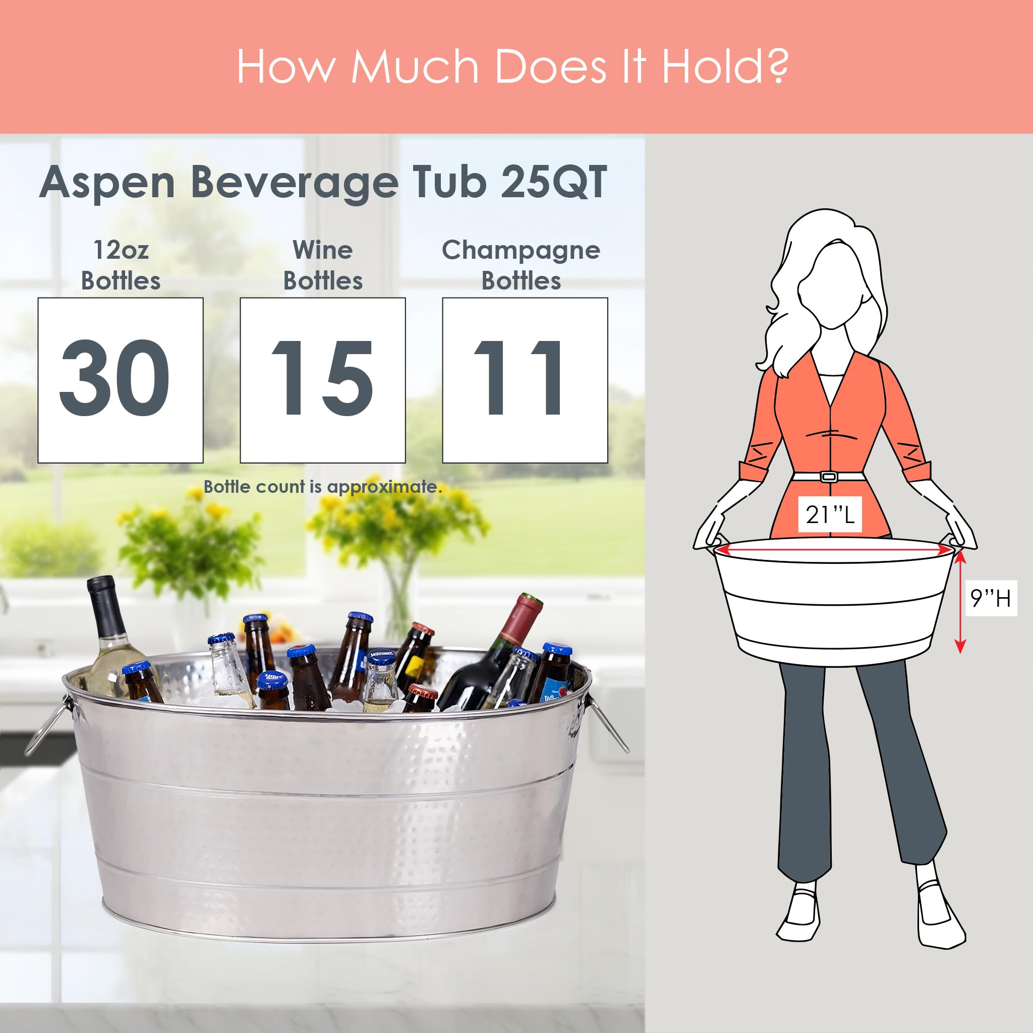 BREKX Aspen Hammered Stainless-Steel Beverage Tub, Ice and Drink Bucket with Metal Stand, 25-Quart for Parties