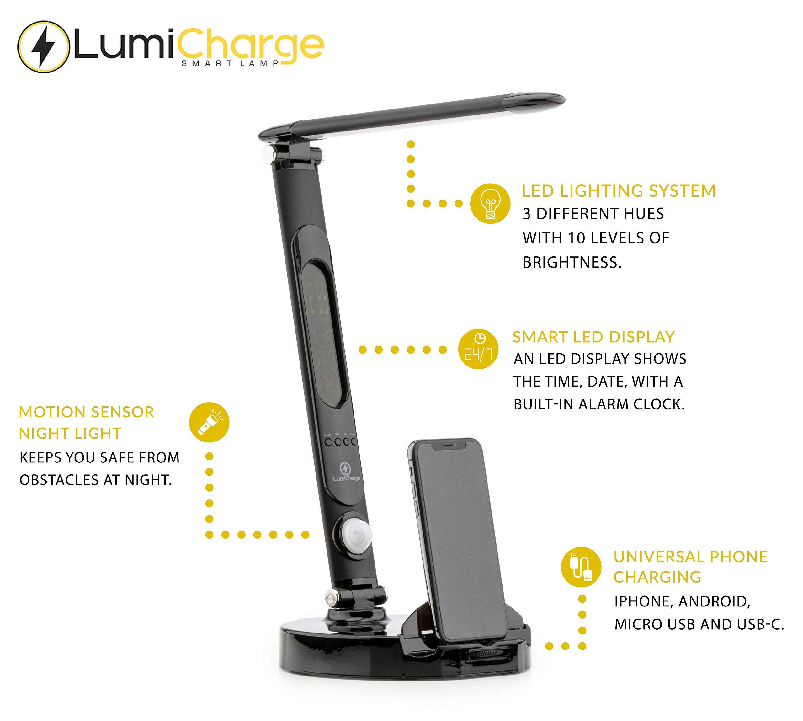 LumiCharge I Smart Eye Friendly LED Desk Lamp for Home Office Desk with USB l Multiple Hues l Adjustable led Desk lamp with Wireless Charger l Clock Display l Compatible to All Phones & Apple Watch