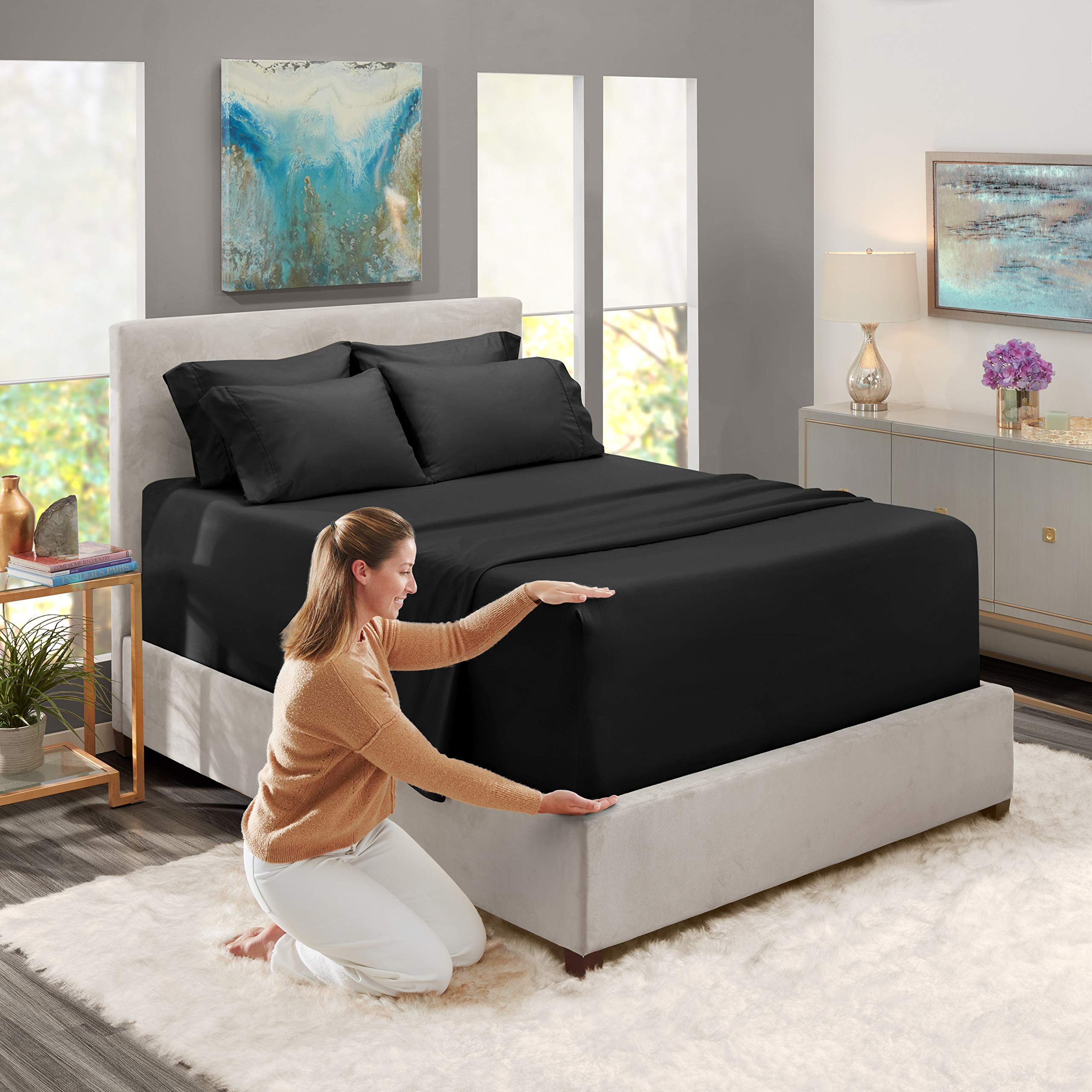 Hearth & Harbor Extra Deep Pocket Sheets - Fits Mattress 18-24 Inches Deep - Extra Deep Pocket Full Size Sheets Sets - 6 Piece Full Size Sheets - Full Sheets Deep Pocket - Black Sheets