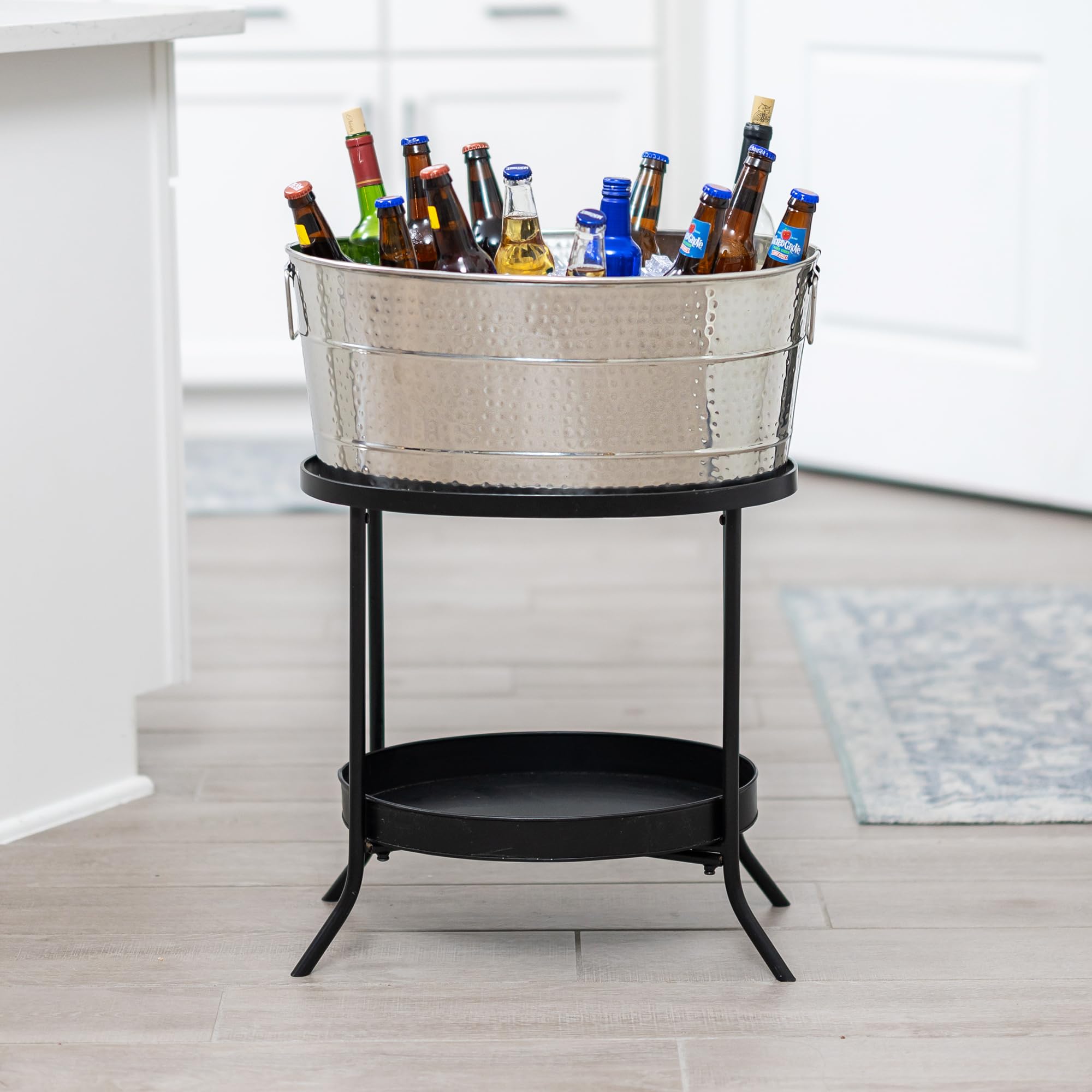 BREKX Aspen Hammered Stainless-Steel Beverage Tub, Ice and Drink Bucket with Metal Stand, 25-Quart for Parties