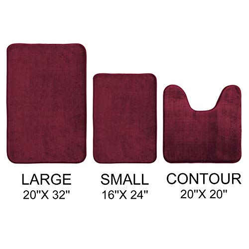 AOACreations Memory Foam Bath Rug, Bathroom Mat Set of 3, Soft, Plush, Absorbent, Low Pile, Includes 1 Large 20" x 32", 1 Contour 20" x 20", 1 Small 16" x 24" (Burgundy)