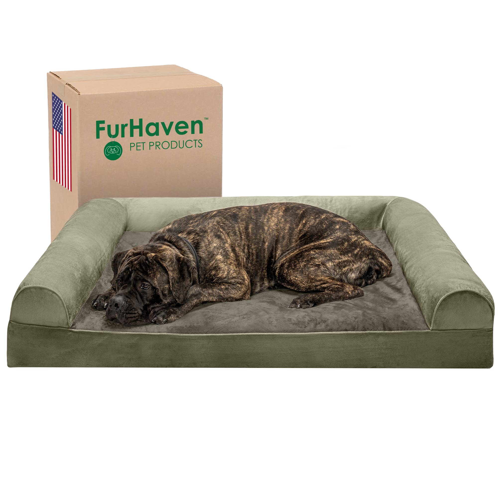 Furhaven Orthopedic Dog Bed for Large Dogs w/ Removable Bolsters & Washable Cover, For Dogs Up to 125 lbs - Faux Fur & Velvet Sofa - Dark Sage, Jumbo Plus/XXL