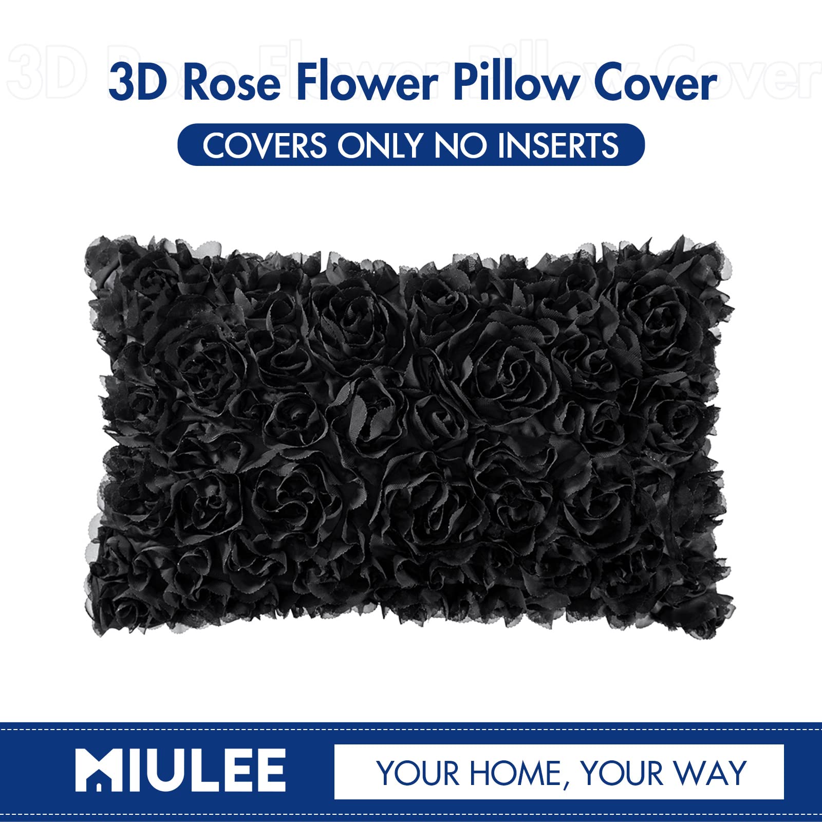 MIULEE 3D Decorative Romantic Valentines Stereo Chiffon Rose Flower Throw Pillow Cover Solid Pillowcase for Girl Women Wedding Sofa Bedroom Car Decor 12x20 Inch 30x50cm Black