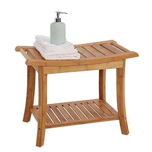 Home Bamboo Shower Seat Bench Spa Bath Organizer Stool with Storage Shelf for Seating Indoor & Outdoor Bathtub Shower Chair Spa Seat 23.6" x 13" x 17.7"