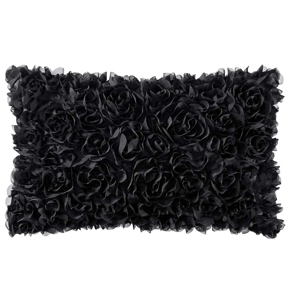 MIULEE 3D Decorative Romantic Valentines Stereo Chiffon Rose Flower Throw Pillow Cover Solid Pillowcase for Girl Women Wedding Sofa Bedroom Car Decor 12x20 Inch 30x50cm Black