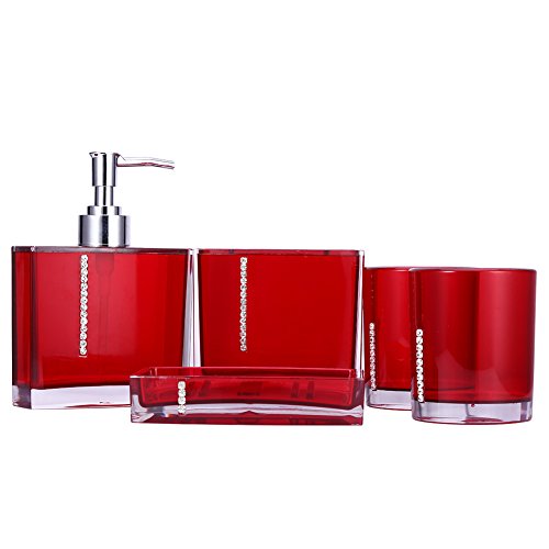 5PC Acrylic Bathroom Accessories Set Red Bath Ensemble Includes Emulsion Bottle Gargle Cup Toothbrush Holder Soap Dish for Home New Apartment Hotel,Toilet Brush Holder