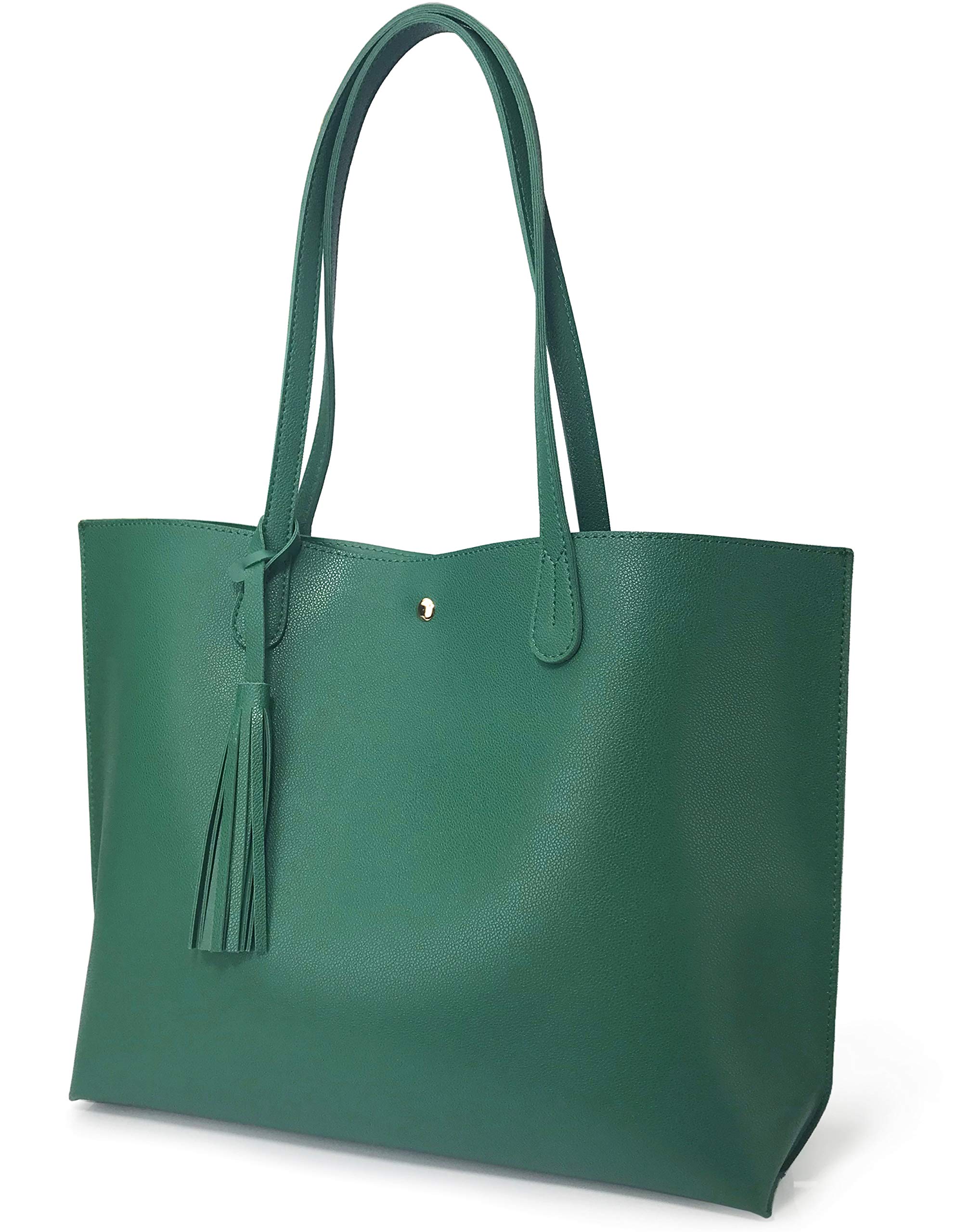 Minimalist Clean Cut Pebbled Faux Leather Tote Womens Shoulder Handbag (Green) Medium