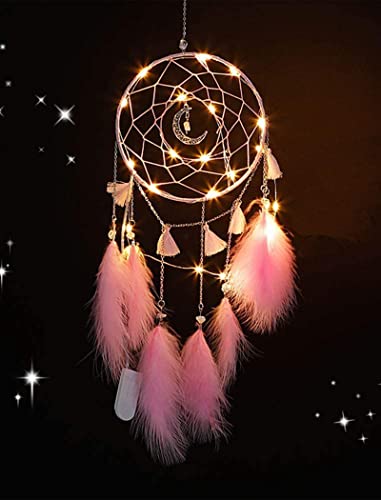 Nice Dream Pink Dream Catchers, Room Nursery Decor for Girls Boys, Handmade Feather Wall Decor with Lights, Home Ornaments Craft Gift for Bedroom
