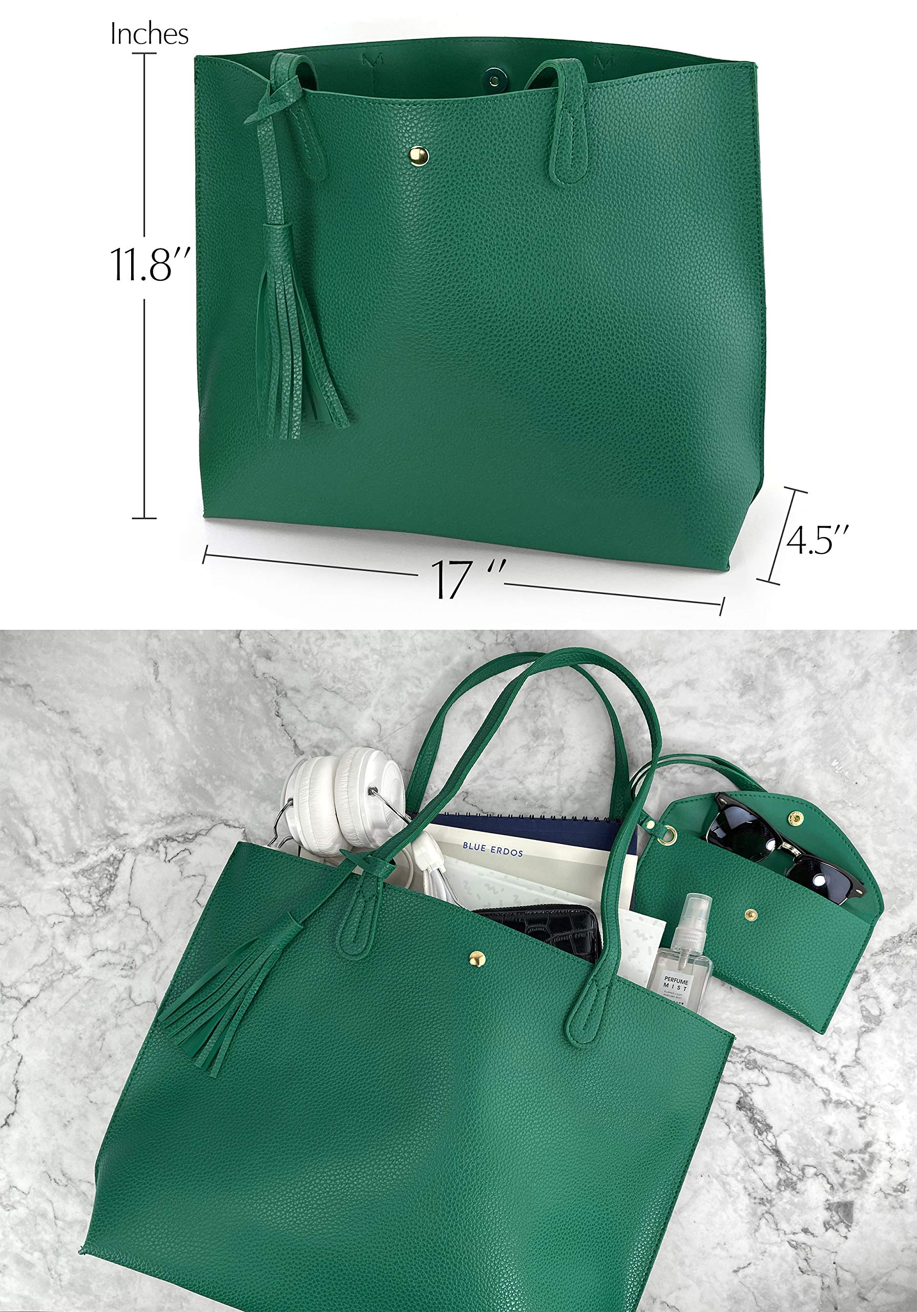 Minimalist Clean Cut Pebbled Faux Leather Tote Womens Shoulder Handbag (Green) Medium