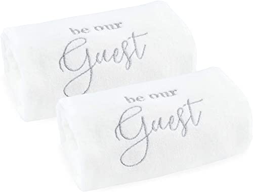 AuldHome Design Guest Towels (Set of 2, White w/Gray); Be Our Guest Monogrammed Hand Towels