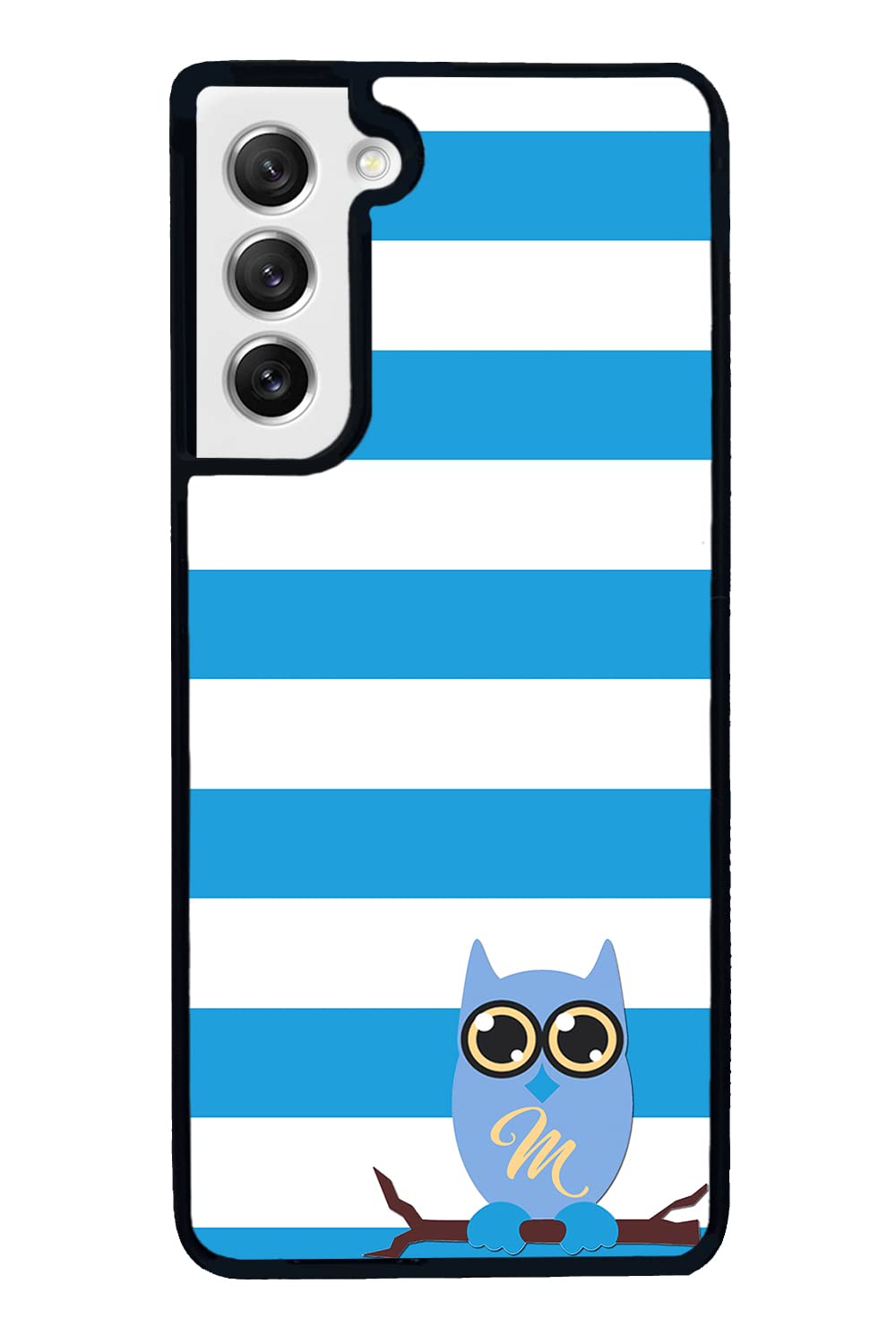 Blue and White Bars Owl Personalized Initial Phone Case Compatible With Samsung Galaxy S25 S25+ S25 Ultra S24 S24+ S24 Ultra S24FE, S23 FE S23+ Ultra S22 S22+ Ultra