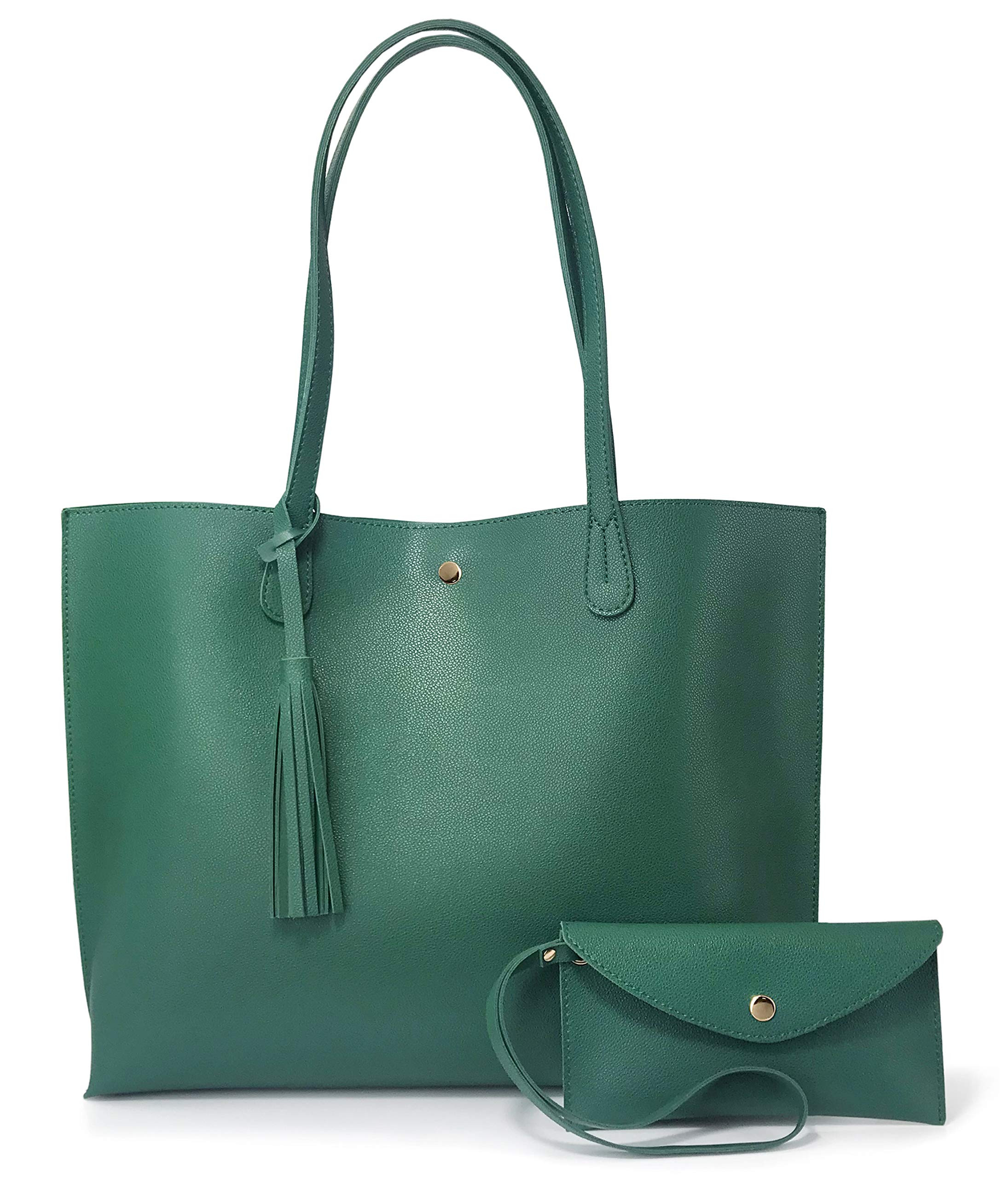 Minimalist Clean Cut Pebbled Faux Leather Tote Womens Shoulder Handbag (Green) Medium