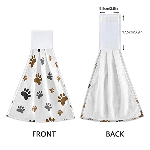 ALAZA Animal Paw Dog Footprint Hanging Kitchen Towel 2 Pack,Soft Quick Drying Coral Velvet Hand Towels with Loop for Bathroom Kitchen Washcloth Absorbent Tie Towel